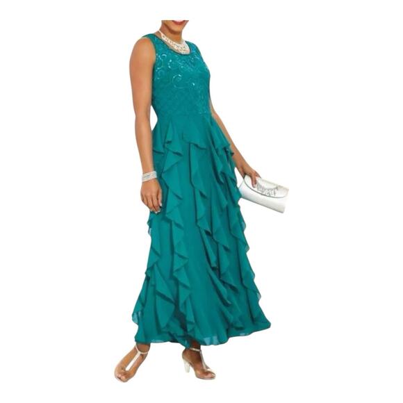 Ashro | Dresses | Ashro Sequin Beaded Teal Ruffle Gown Formal Mother Of ...